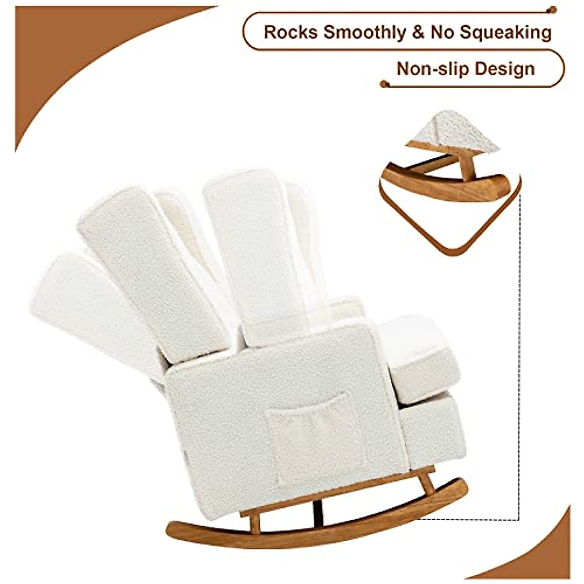 KINFFICT Upholstered Accent Rocking Chair, Mid Century Glider Rocker for Baby Nursery, Modern Wingback Armchair for Living Room, Bedroom, 300 LBS Weight Capacity, White