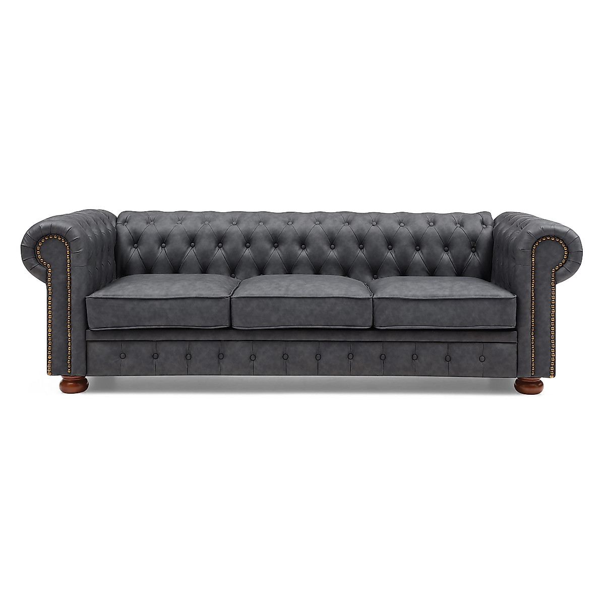 YuiHome Classic Chesterfield Sofa Leather, Modern PU Tufted Couch 3 Seater with Rolled Arms and Nailhead for Living Room, Bedroom, Office, Apartment,Dark Grey