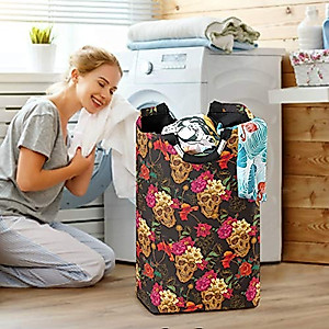 RunningBear Laundry Basket Washing Clothes Hamper - Sugar Skulls Roses Day Dead Collapsible Laundry Hamper Large Capacity Hampers for Bathroom, Bedroom