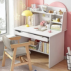 QQXX K-*ids Desk and Chair Set for Boys Girls,Student Learning Table with Hutch,School Study Desk with Cabinet,Wooden K*-id's Media Desk,Computer Workstation with Keyboard Tray