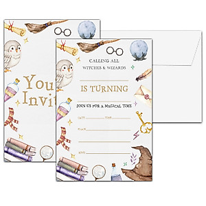 Chuxvon Magical Wizard Birthday Party Invitations, Retro Birthday Invitation, Double-Sided Fill In Invites, Magical School Birthday Party Decorations, 20 Cards With 20 Envelopes(D10)