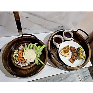 Handcrafted Antique Rustic Wooden Round Serving Trays Round with Handles Brown Kitchen Accessories Set of 2