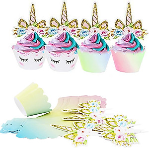 Unicorn Cupcake Toppers and Wrappers Decorations (40 of Each) - Reversible Rainbow Cup Cake Liners with Unicorn Topper | Cute Decorating Supplies for Girl Birthday Party