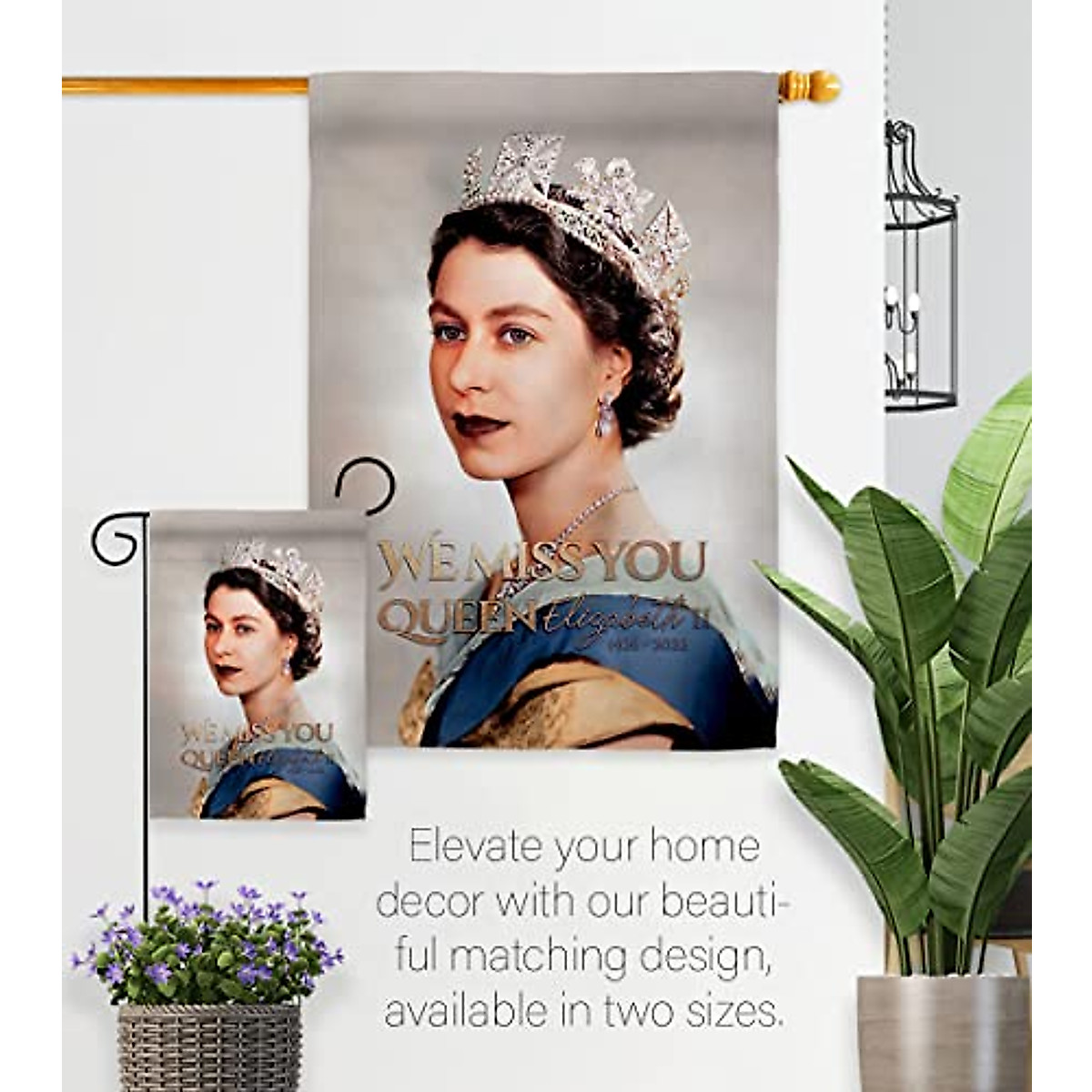 Queen Elizabeth II Flag We Miss You Garden Flag Set Wood Dowel Sweet Life Sympathy Remembrance Memorial Bereavement Love Support Emotion Postive House Banner Small Yard Gift Double-Sided, Made in USA