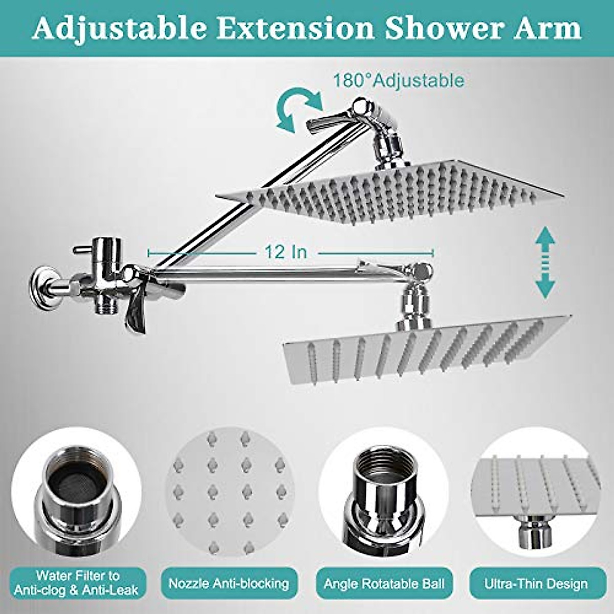 Rain Shower Head with Handheld, Lanhado 8'' High Pressure Rainfall Shower Head with 11'' Extension Arm, 9 Settings Handheld Shower Heads with Holder & Hose, Anti-leak Waterfall Showerhead, Chrome