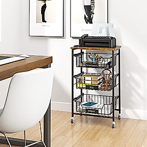 XYZLVSI Kitchen Storage Cart with Wheels, 4-Tier Metal Utility Rolling Cart Fruit Vegetable Storage Basket Pantry Rack with Wood Top & Pull Out Baskets for Kitchen, Livingroom, Diningroom, Office
