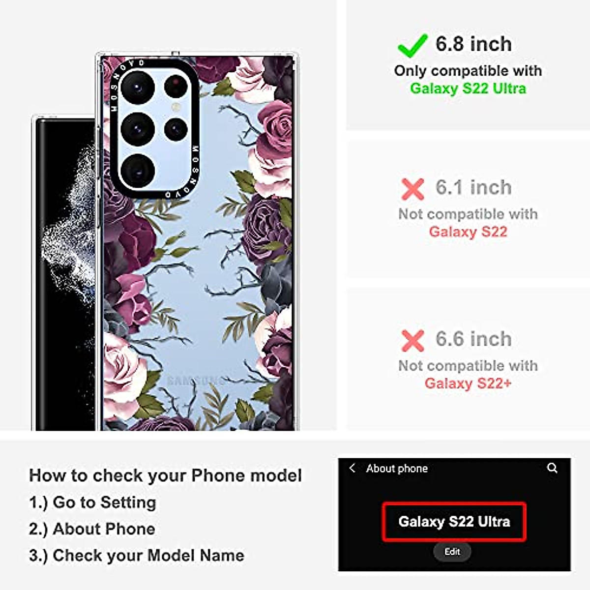 MOSNOVO for Galaxy S22 Ultra Case,Samsung S22 Ultra 5G Case, Black Purple Flower Garden Floral Clear Design Shock Absorption Bumper Soft TPU Women Girl Cover Case for Samsung Galaxy S22 Ultra