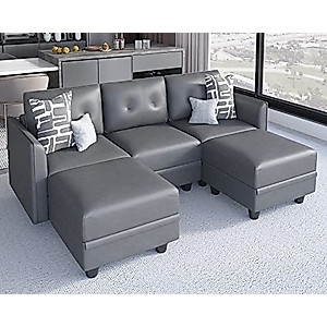 LLappuil Convertible Modular Sofa Faux Leather Fabric U Shaped Sectional with Reversible Chaise, 5 Seater Storage Sofa Sleeper Couch with Ottoman, Dark Grey