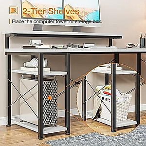 ODK L Shaped Desk with Monitor Stand, 54 Inch Home Office Desks with Storage Printer Shelves, Reversible Corner Gaming Desk with Bookshelf for Bedroom, White