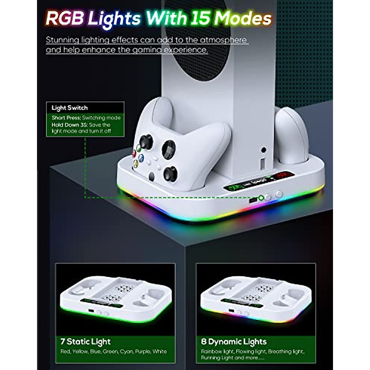 Cooling Fan Stand & RGB Light Strip for Xbox Series S,Dual Charger Station with 2 X 1400mAH Rechargeable Battery Pack,Charging Dock Accessories for XSS with 15 RGB Light Modes,USB2.0 Port for Sync