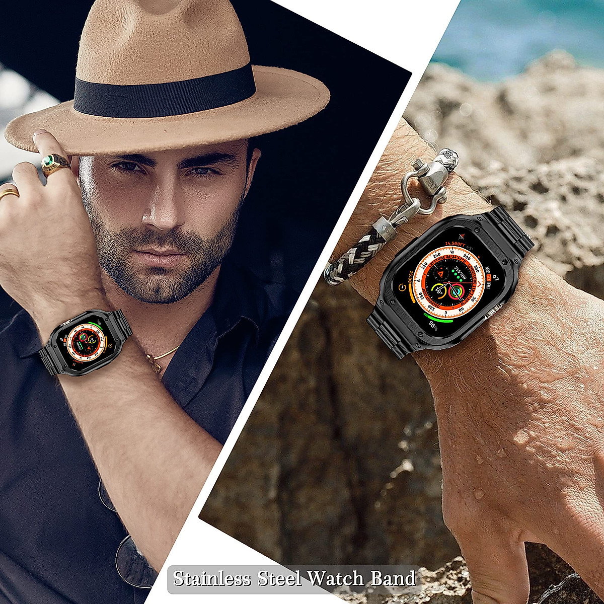 HASLFM Stainless Steel Apple Watch Band with Case Compatible with Apple Watch Ultra/Ultra 2(49mm),Metal iWatch Band and Protective Bumper Cover, Rugged Replacement Strap for Men 2023,Black