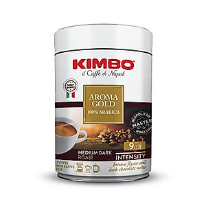 Kimbo Espresso Aroma Gold 100% Arabica Ground Coffee - Blended and Roasted in Italy - Medium to Dark Roast with a Rich Dark Chocolate Flavor - 8.8 oz Can
