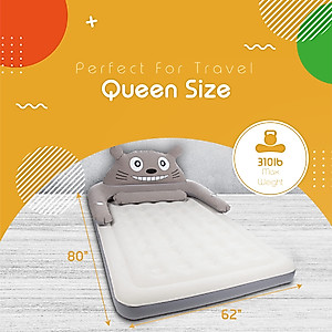 Inflatable Air Mattress Kids Blow Up Bed (Queen Size) – Offers Removable Cartoon Bear Backrest, Cup Holders, Bag, and Electric Pump – Indoor/Outdoor Fun for Travel, Sleepover, Camping, and Movie Night