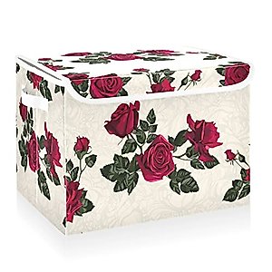 CaTaKu Red Rose Vintage Storage Bins with Lids and Handles, Fabric Large Storage Container Cube Basket with Lid Decorative Storage Boxes for Organizing Clothes