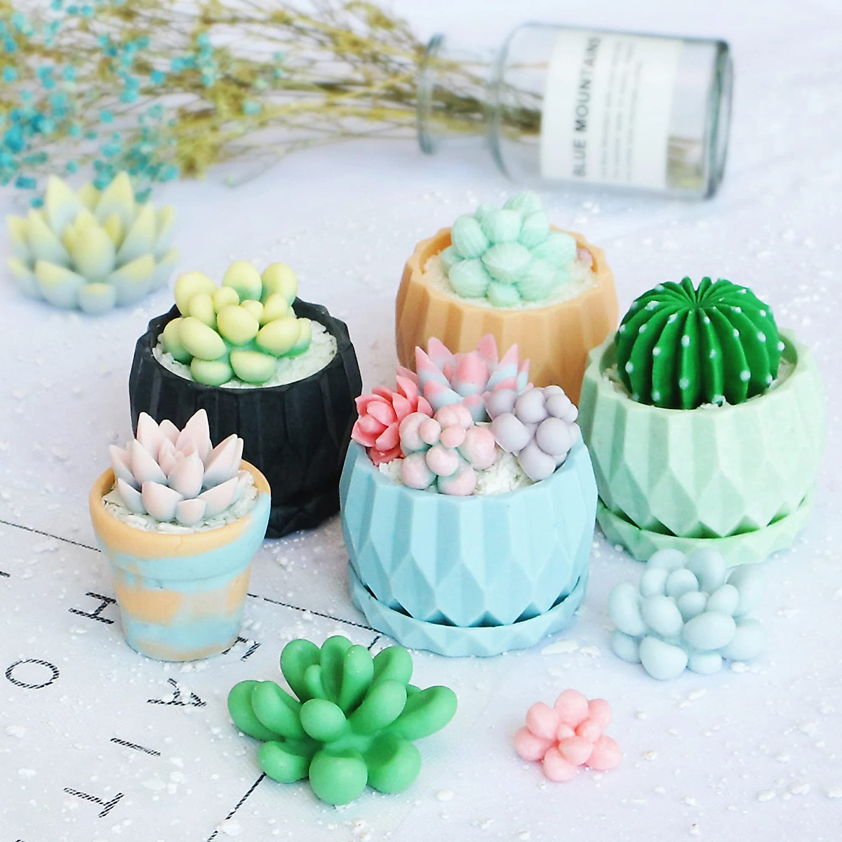 Succulent Silicone Mold, 9 Pack Flower Resin Mold, 3D Cacti Candle Mold for Scented Candles Soaps Making, Wax Resin Casting, Soap Cake Dessert Mousse Mold DIY Mould