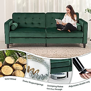 Esright 84.2" Velvet Couch Sofa with 2 Bolster Pillows,Green Office Sofa Mid-Century Couch for Living Room 3 Seats Couch for Apartment