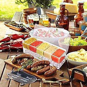 VEBO Ice Chilled 5 Compartment Condiment Server Caddy - Serving Tray Container with 5 Removable Dishes with over 2 Cup Capacity Each and Hinged Lid | 3 Serving Spoons + 3 Tongs Included