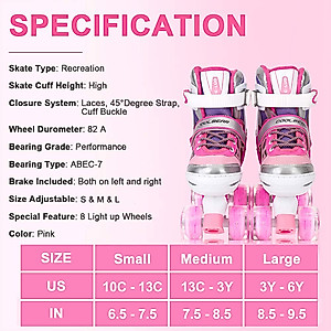 Sowume Adjustable Kids Roller Skates for Girls and Women, All 8 Wheels of Girl's Skates Shine, Safe and Fun Illuminating for Beginner