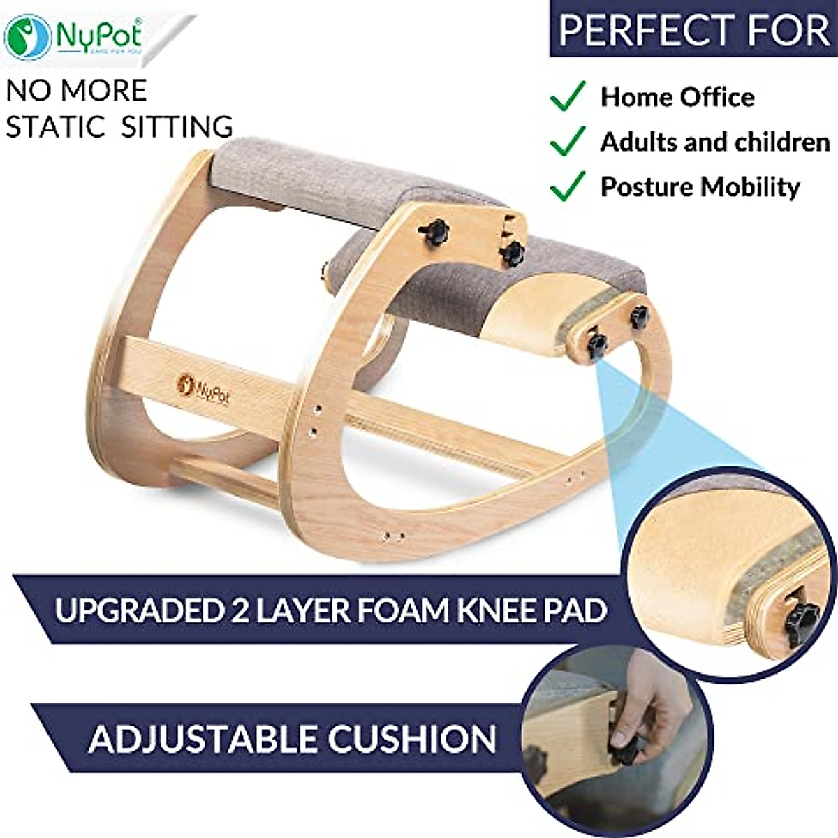 NYPOT Ergonomic Kneeling Chair - Rocking Office Chair Adjustable Stool - Knee Chair Posture Chair - Wooden Desk Chair, Ergonomic Chair for Home Office, Office Chair for Back Pain, Work from Home Chair