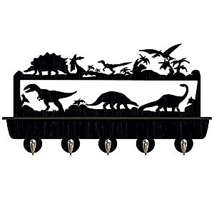Dinosaur Wall-Mounted Coat Hooks Hat Rack with 5 Vintage Metal Hooks, Hat Rack and Upper Wooden Storage Shelf, Entryway, Kitchen, Bathroom, Living Room,16inch, Black,11lbs