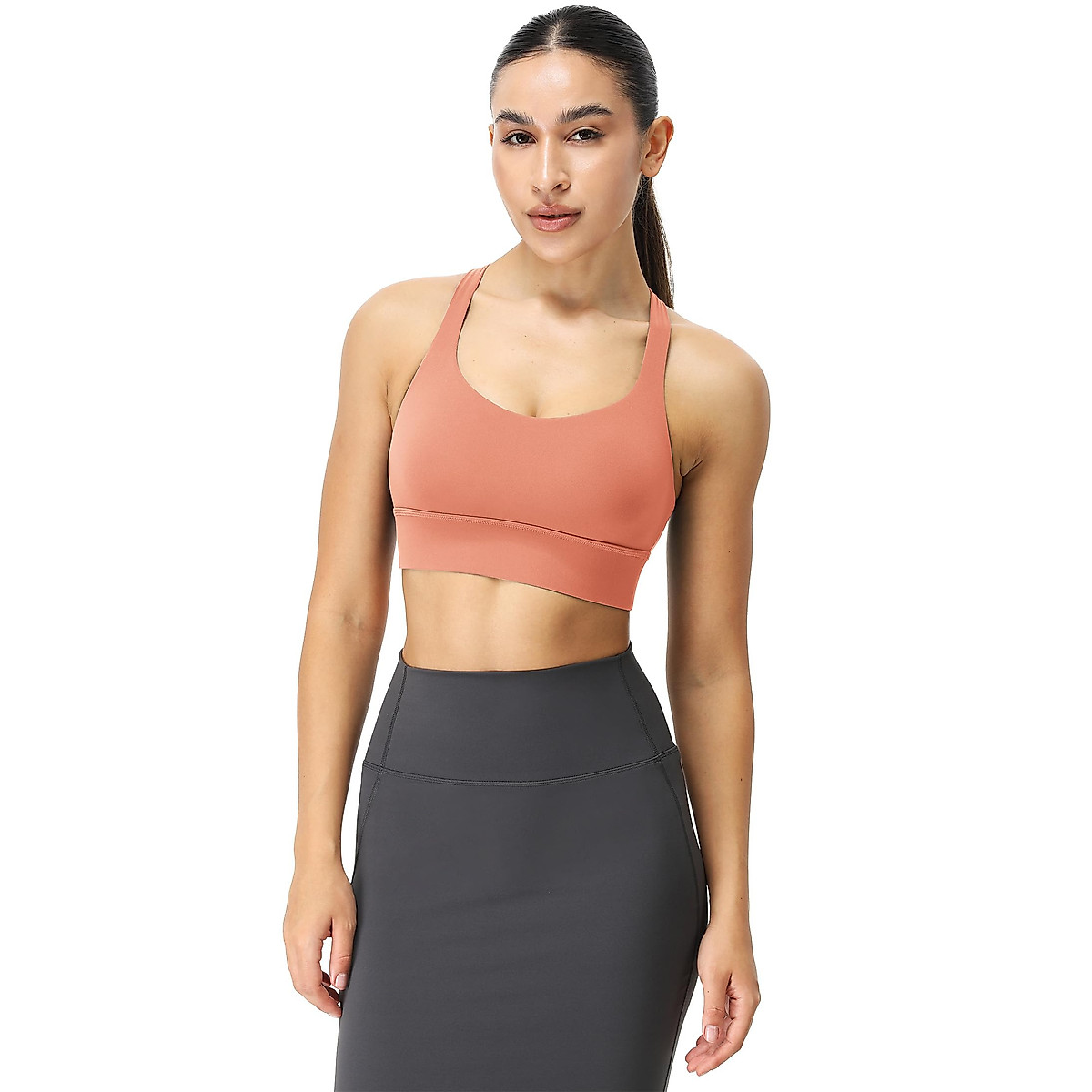 icyzone Sports Bras for Women - Activewear Strappy Padded Workout Yoga Tops Bra (Copper Brown, L)