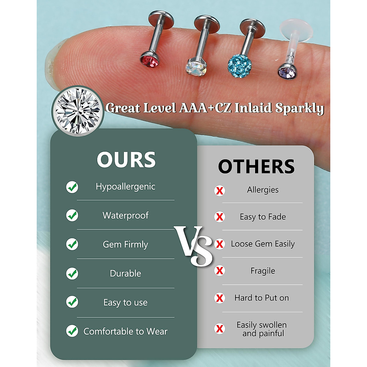 Suprsparkle 24 Pcs 16G Hypoallergenic Stainless Steel Lip Monroe Medusa Labret Jewelry With 3mm Cubic Zirconia For Women Men Forward Helix Earrings Cartilage Tragus Earrings Stud Piercing Jewelry6mm