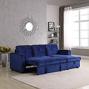 Velvet Storage Reversible Sectional Sofa bed Sleeper Velvet Chaise Storage Reversible Sofa Bed Sleeper Sectional, 91", Blue