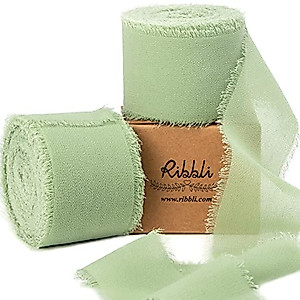 Ribbli Sage Green Chiffon Ribbon 1-1/2 inch x 20 Yard, Handmade Fringe Chiffon Ribbon for Gift Wrapping, Silk Ribbon for Wedding Invitations, Bridal Bouquets Wrapping, Flower Arrangement Decoration
