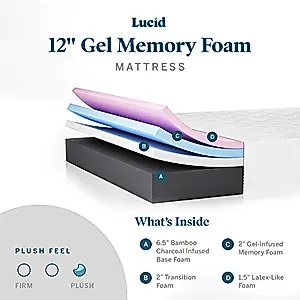 LUCID 12 Inch Queen Mattress – Plush Memory Foam Mattress – Bamboo Charcoal Foam – Gel Infused – Hypoallergenic Foam Mattress– Bed-in-A-Box- CertiPUR-US Certified