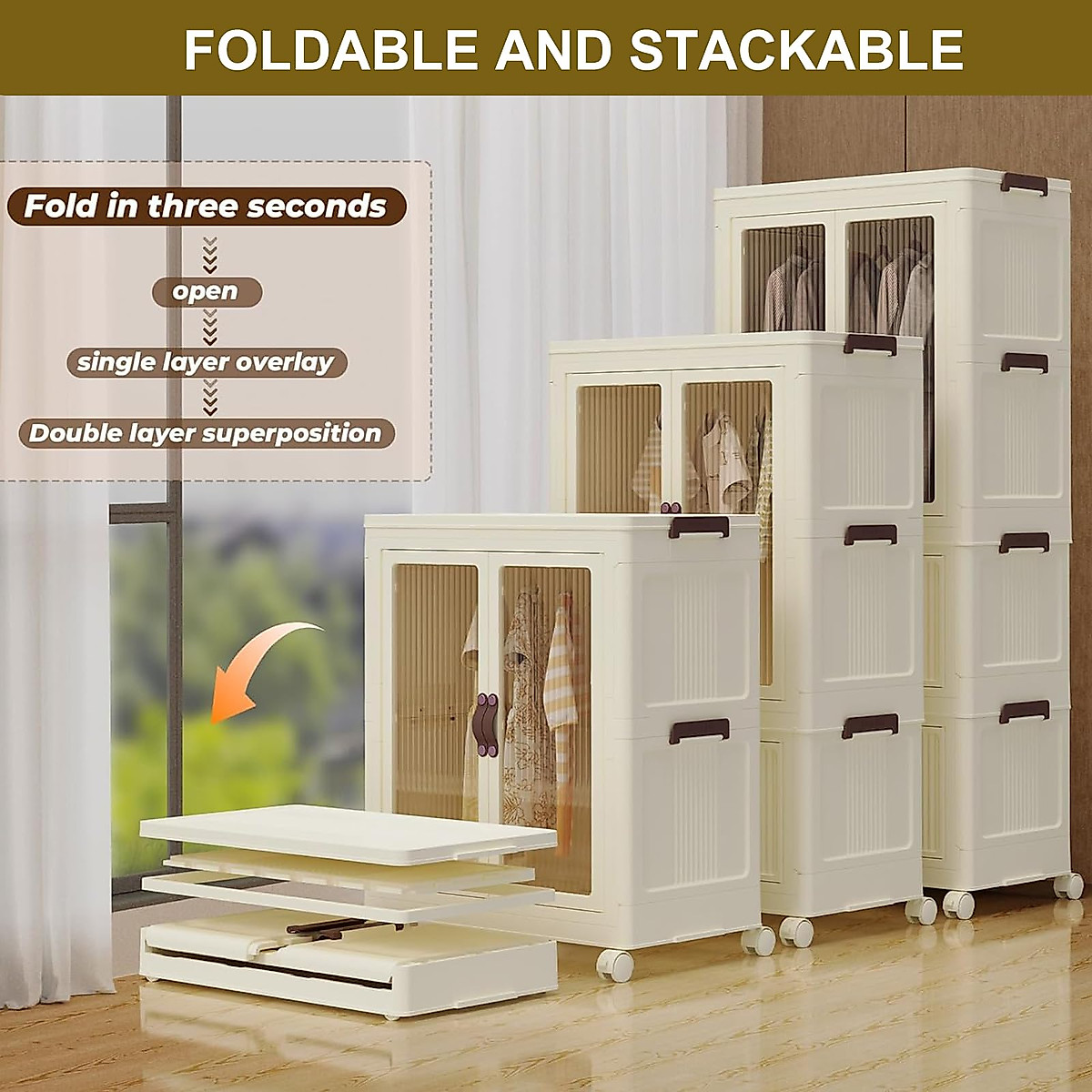 Portable Closet Wardrobe, Folding Storage Bins with Lid, Closet Organizers and Storage, Stackable Storage Box with Hanging Rod and Doors, Collapsible Plastic Clothes Cabinet with Wheels, 10 Hangers