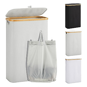 48L Slim Laundry Hamper with Lid, Tall Laundry Basket with Removable Bag, Narrow Clothes Hamper for Corner, Foldable Storage Basket with Lid for Laundry Room, Bedroom, Toys & Blankets, Grey