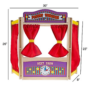 Hey! Play! Wooden Tabletop Puppet Theater with Curtains, Blackboard, and Clock- Inspires Imagination and Creativity for Kids, Boys and Girls