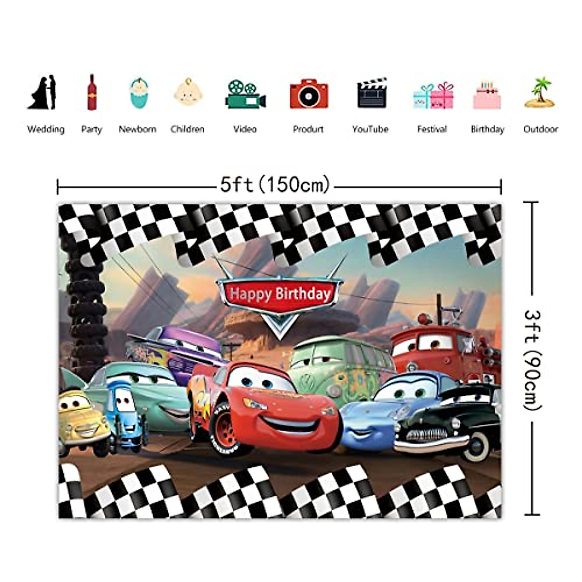 Cars Backdrop Cartoon Cars Birthday Party Supplies 3rd Happy Birthday Backdrop Black White Grid Red Photo Backgrounds Baby Shower Decorations Banner 5x3FT