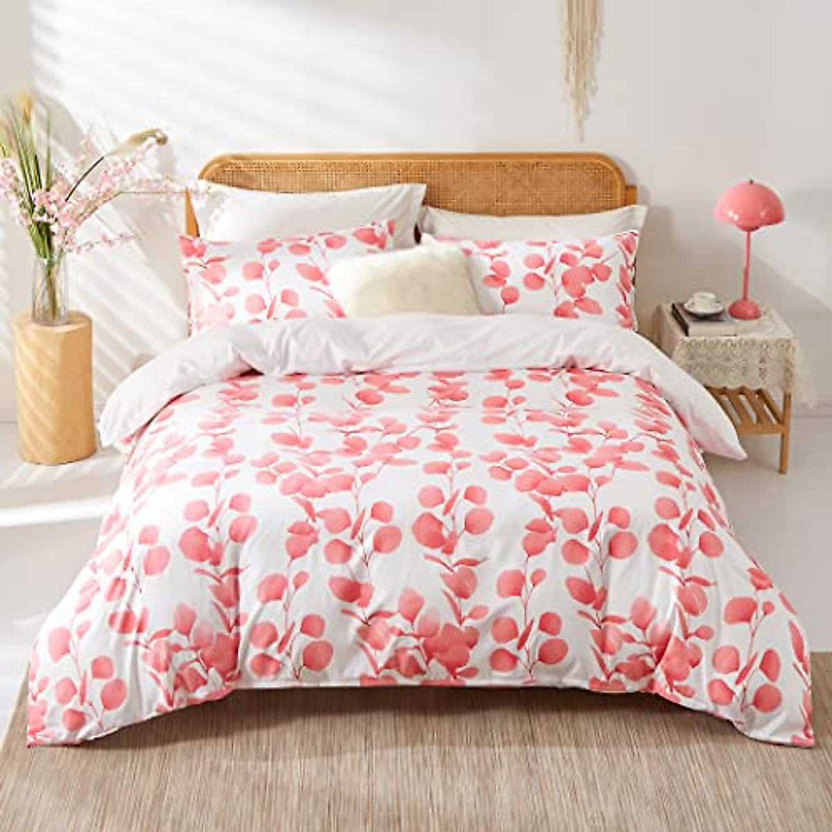 LAMEJOR Duvet Cover Set Queen Size White/Pink Leaves Floral Bedding Set Comforter Cover (1 Duvet Cover+2 Pillowcases)