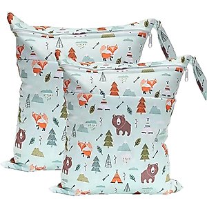 Wet Dry Bag for Cloth Diapers, 2PCS Waterproof Reusable Wet Bag with Zippered Pockets, Washable, Reusable for Travel, Beach, Pool, Stroller, Diapers, Dirty Gym Clothes, Swimsuits, 14x12In & 12x11In
