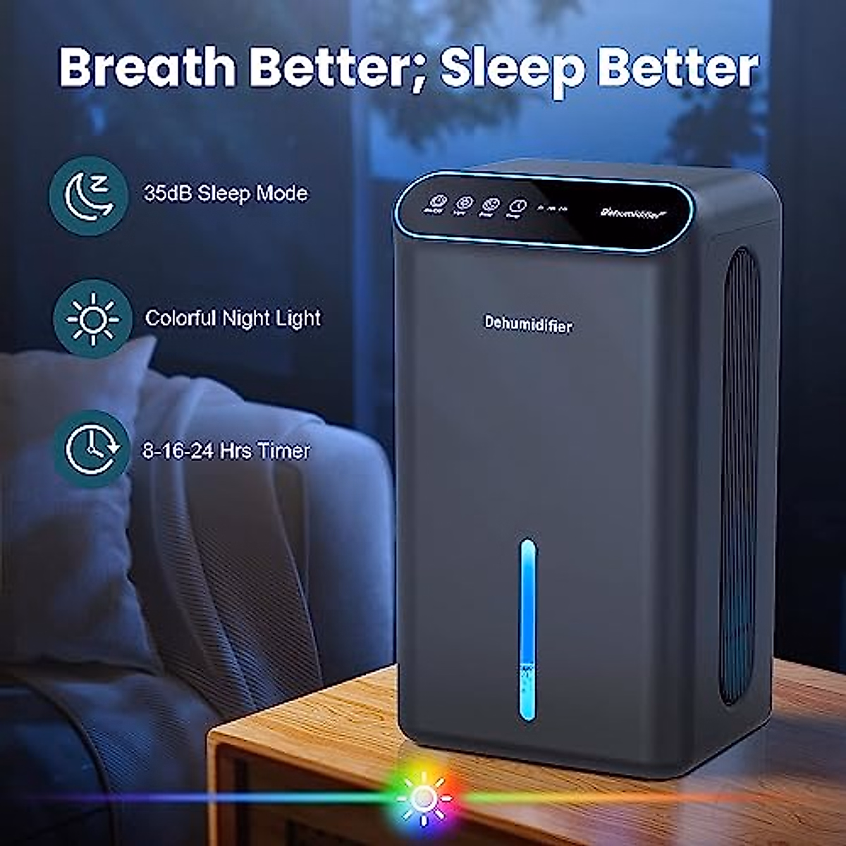 Dehumidifiers for Home, Up to 800 Sq.ft, 86oz Water Tank, Dehumidifiers for Bedroom with Essential Oil Diffuser, 7 Color LED Light, 24H Timer, Auto Shut-off, Ideal for Bathroom Basement Closet RV