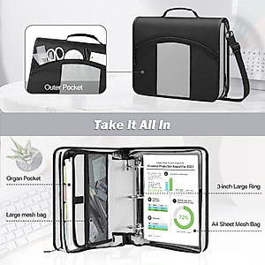 MoKo Zipper Binder, 3 inch 3 Ring Binder with Zipper, 600 Sheet Capacity Multi-Pocket School Binder Organizer, Handle and Shoulder Strap Included, Black & Gray