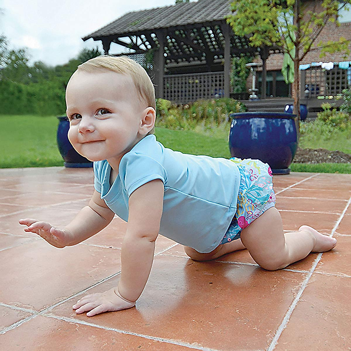 i Play by Green Sprouts Girls Reusable Absorbent Toddler Swim Diapers - Swimming Suit Bottom | No Other Diaper Necessary Aqua Coral Reef 3T