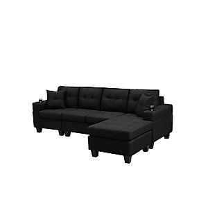 GINGVAT L Shaped Upholstered Sectional Sofa with Reversible Chaise and 2 Cupholders,Fabric Couch,Fashion Design,Black