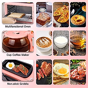 3 in 1 Breakfast Maker Station Toaster Oven with 30-Min Timer, Heat Selector Mode, 4-Cup Coffeemaker, Griddle, Toaster Oven, pink