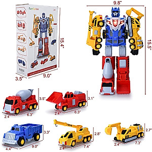 funlarea Toys for 3 4 5 6 7 8 Year Old Boys, Construction Vehicles Transform Robot Kids Toys, STEM Building Toys for Kids Ages 3-8, 5-in-1 Trucks Car Gifts for Boys Girls