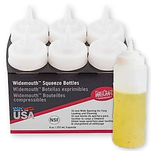 Tablecraft Plastic Condiment Squeeze Bottles, Foodservice Restaurant Commercial Grade Widemouth 53mm Empty Squirt Dispenser for Olive Oil, BBQ Sauce, Dressing, Food Prep, 8 oz, 237 mL, Clear, 6