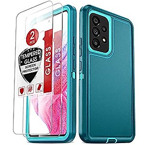LeYi Samsung A53 5G Case: 3-in-1 Full Body Protection, Teal Blue with [2 Pack] Tempered Glass Screen Protectors