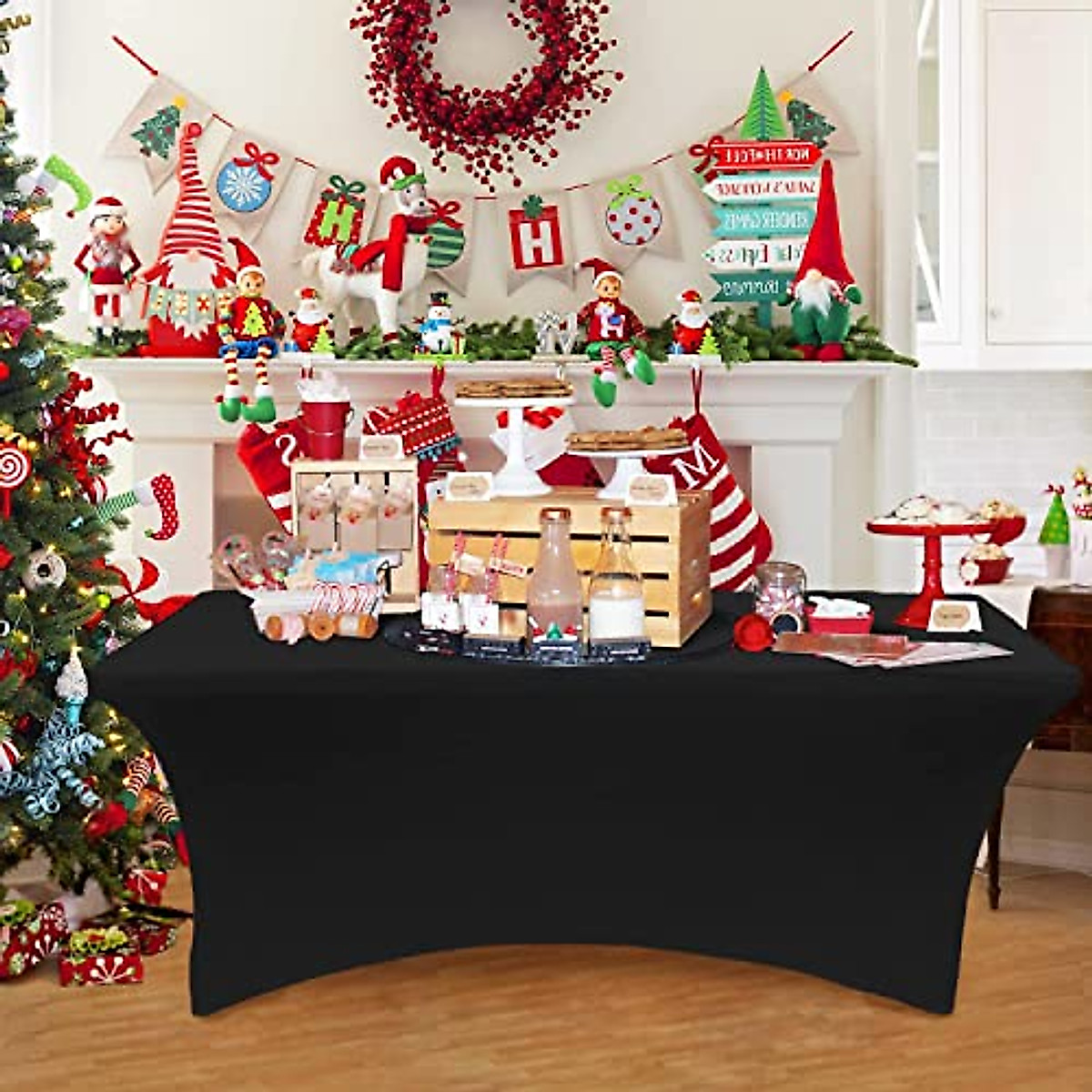 Nobed HHT 4 Packs Black Spandex Table Cloth for 6 Foot Rectangle Folding Tables, Wrinkles-Free Stretchable Black Spandex Table Covers for Party Birthday Picnic Receiption Event Displays