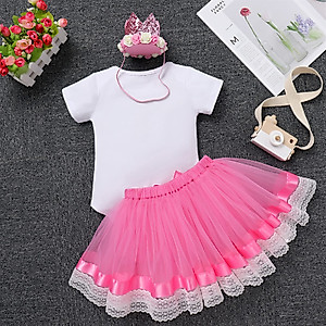 IBTOM CASTLE Baby Girl One Year Old Birthday Floral Lace Party Cake Smash Outfits Short Sleeve Top Princess Romper Bodysuit + Tutu Rainbow Skirt Set+Headband Fancy Dress Hot Pink-1 old,Birthday,