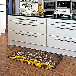 Kitchen Rug Autumn Sunflowers Wooden Seasoned with Love 39 x 20 Inch Non-Slip Anti Fatigue Comfort Entryway Door Mats Perfect Carpet for Home Decor
