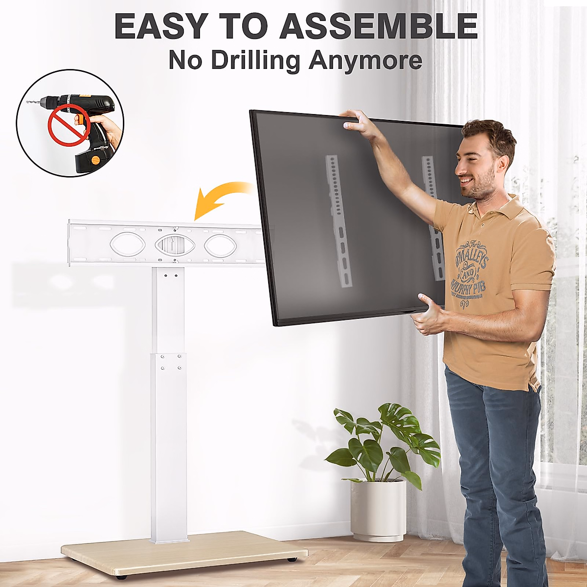 TV Floor Stand for 32-75 Inch Plasma LCD LED OLED Flat Panel or Curved Screen TVs, Swivel TV Stand Mount with Height Adjustment and Sturdy Wood Base, White