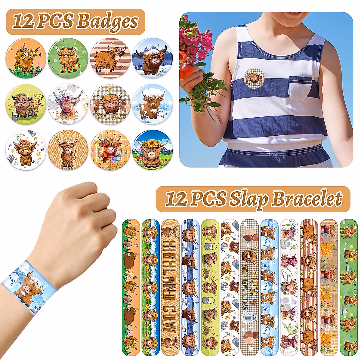 Lcnjscgo Highland Cow Party Favors Highland Cow Theme Slap Bracelets Key Chains Badges Temporary Tattoo Stickers Gift Bags for Kids Highland Cattle Farm Animal Birthday Party Supplies Baby Shower