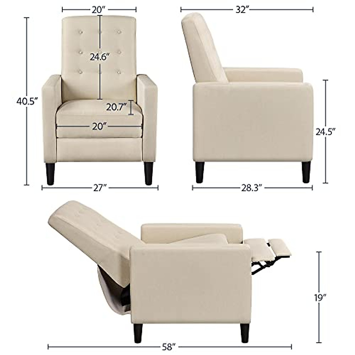 Yaheetech Fabric Recliner Chair Mid-Century Modern Recliner Adjustable Single Recliner Sofa with Thicker Seat Cushion Tufted Upholstered Sofa with Pocket Spring for Living Room Bedroo Beige