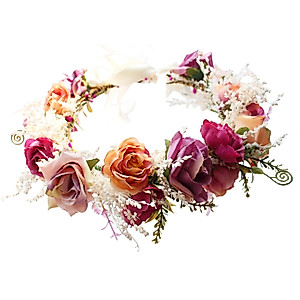 Vivivalue Rose Flower Crown Boho Flower Headband Hair Wreath Floral Headpiece Halo with Ribbon Wedding Party Festival Photos Pink